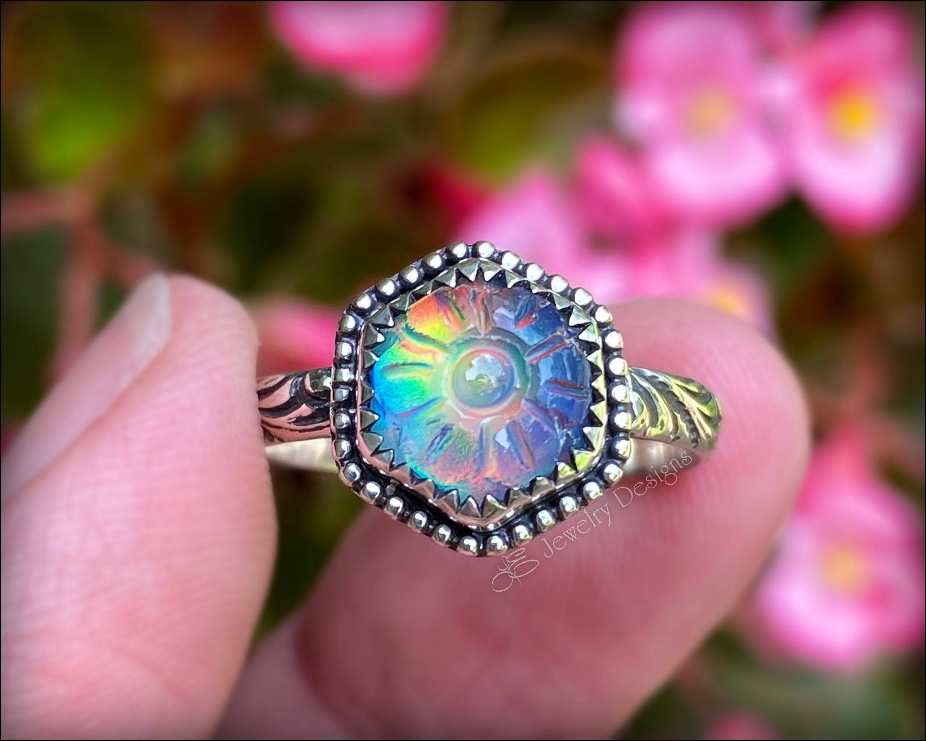 Hand Carved Hexagon Aurora Opal Floral Ring LE Jewelry Designs